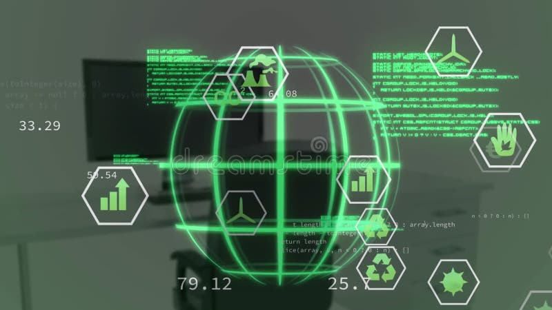 Animation of Globe, Computer Language and Icons Over Desktop and ...