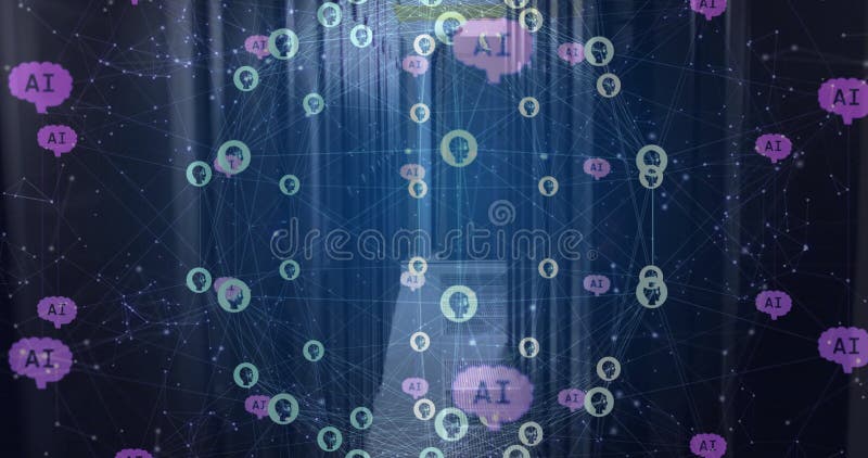 Animation of Globe with Connections and Ai Icons Over Computer Servers ...