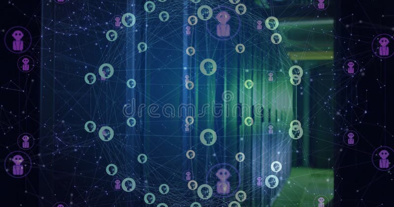 Animation of Globe with Connections and Ai Icons Over Computer Servers ...