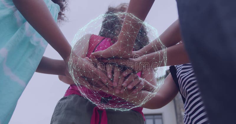 Animation of Globe with Connections Over Diverse Children Stacking ...