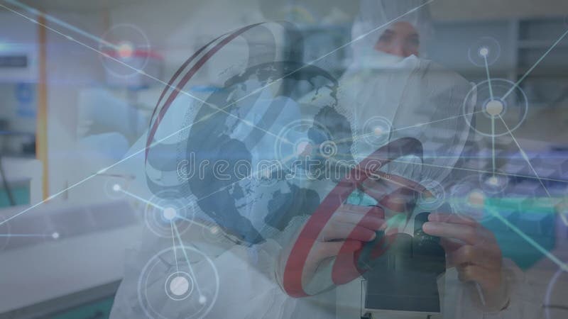 Animation of Globe and Connections Over Diverse Scientists Wearing Ppe ...
