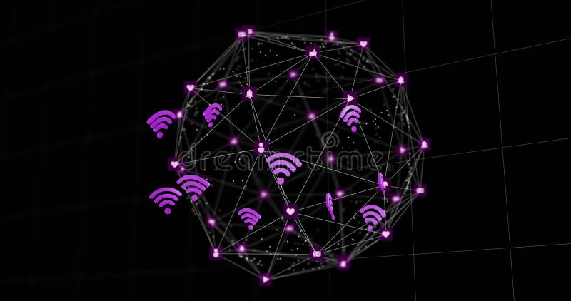 Animation of Globe of Connections with Wifi Icons on Black Background ...