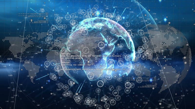 Animation of Globe, Connections and World Map on Navy Background Stock ...