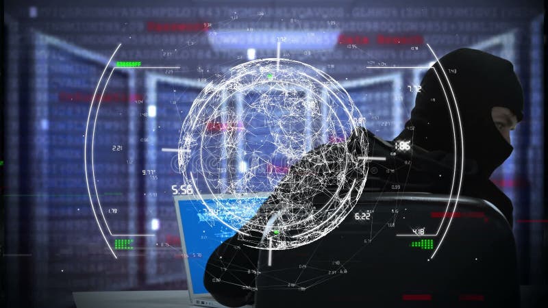 Animation of Globe and Data Processing Over Computer Hacker with Laptop ...