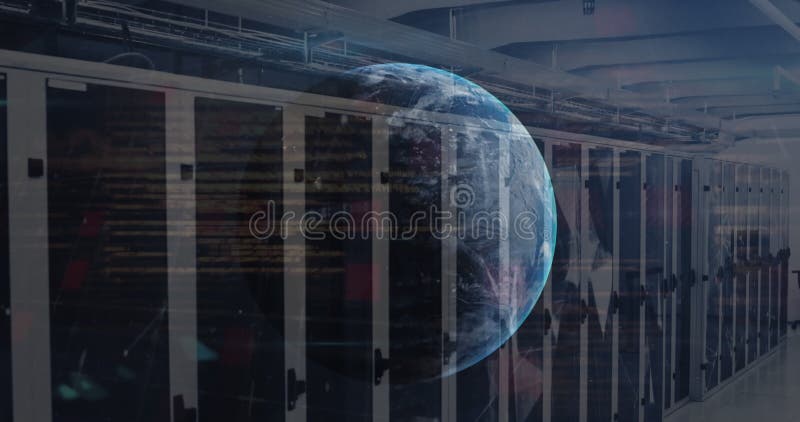 Animation Of Globe Data Processing And Plexus Networks Against Computer Server Room Stock