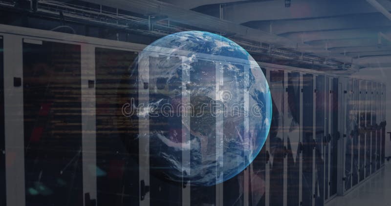 Animation of Globe, Data Processing and Plexus Networks Against Computer Server Room Stock Video ...