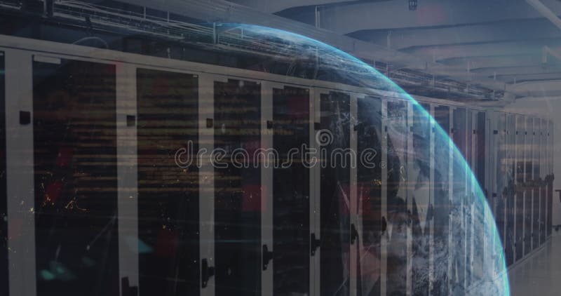 Animation Of Globe Data Processing And Plexus Networks Against Computer Server Room Stock