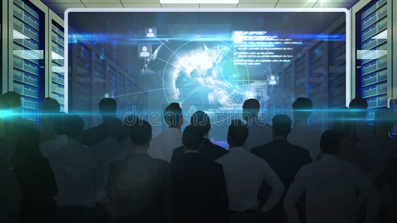 Animation of Globe with Data Processing on Screen Over Diverse Business ...