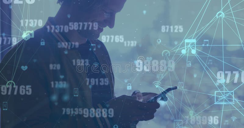 Animation of Globe of Digital Icons Against Caucasian Man Smiling while ...