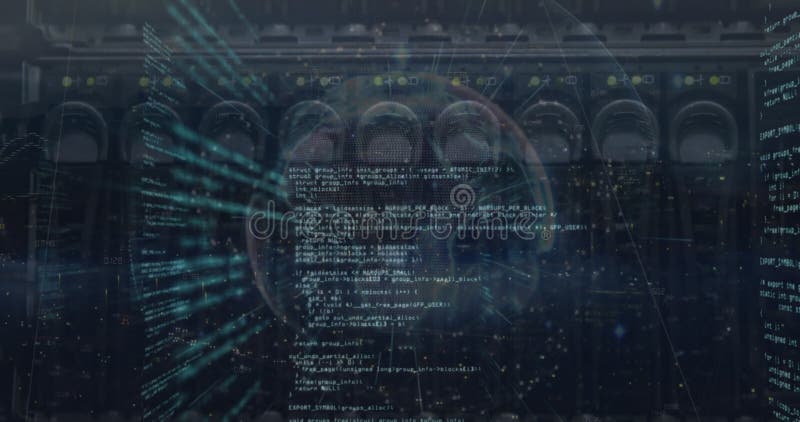 Animation of Globe, Dots and Programming Language Over Back Panel of Server Data Storage Stock ...