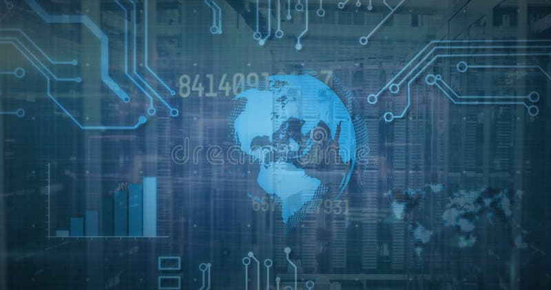 Animation of Globe, Graph, Circuit Board Pattern and Changing Numbers Over Data Server System ...