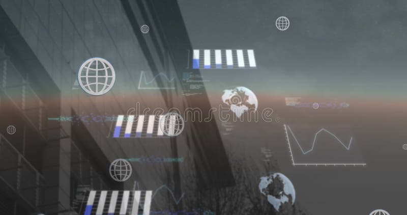 Animation of Globe, Graphs and Computer Language Over Low Angle View of Building in Sky Stock ...
