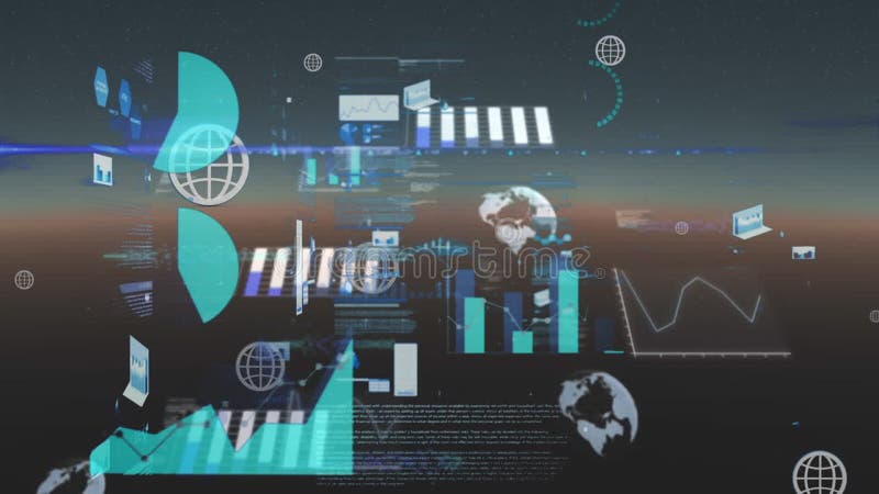 Animation of Globe Icons Over Multiple Graphs and Computer Language Against Abstract Background ...