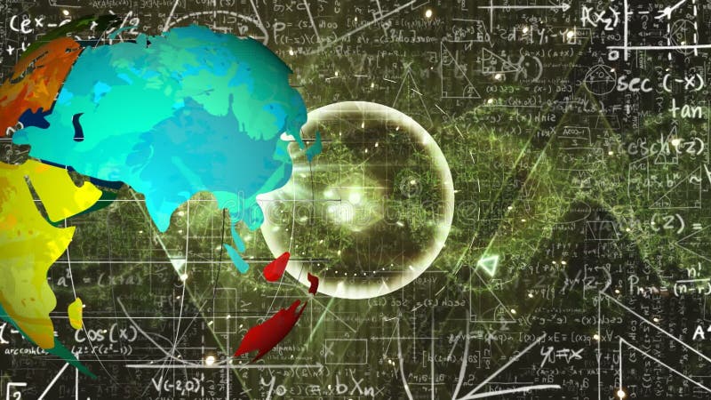 Animation of Globe, Lights, Shapes and Math Formulas on Black ...