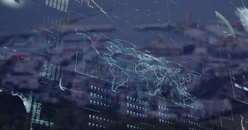 Animation of Globe, Loading Bars and Map Against Aerial View of Port in ...