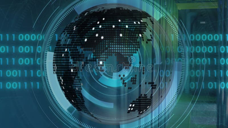 Animation Of Globe Loading Circles And Binary Codes Over Data Server Room Stock Video Video
