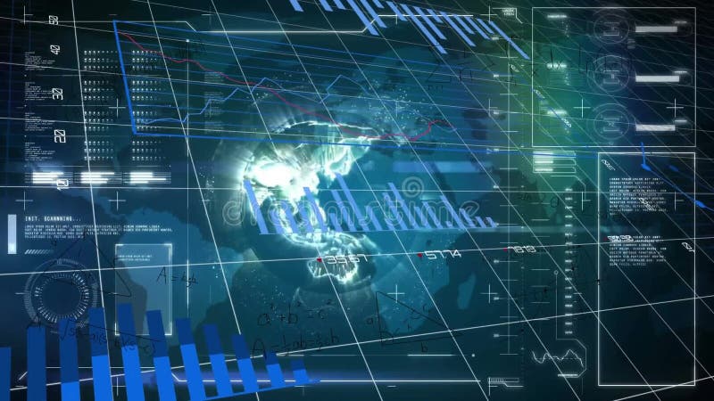 Animation of Globe, Multiple Graphs, Changing Numbers Loading Circles, Bars Over Abstract ...