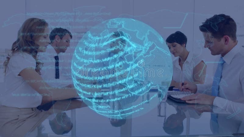 Animation of Globe with Network of Connections Over Business People ...