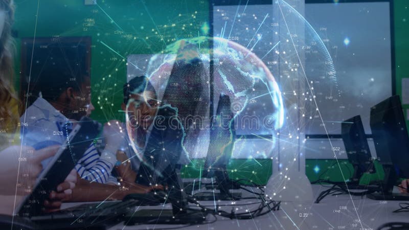 Animation of Globe Over Diverse Schoolchildren Using Computers Stock ...