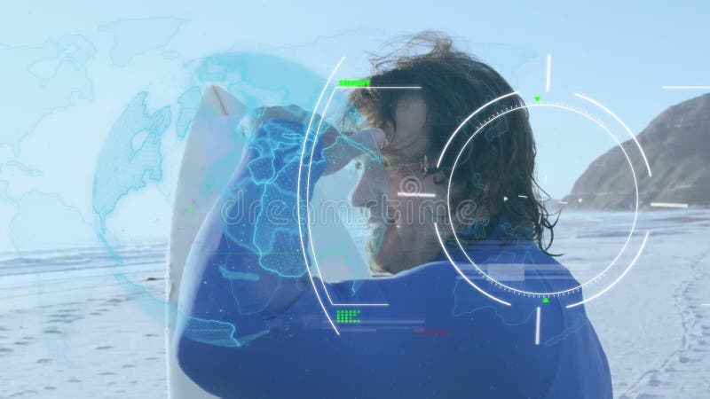 Animation of Globe and Scope Scanning Over Caucasian Man Holding ...