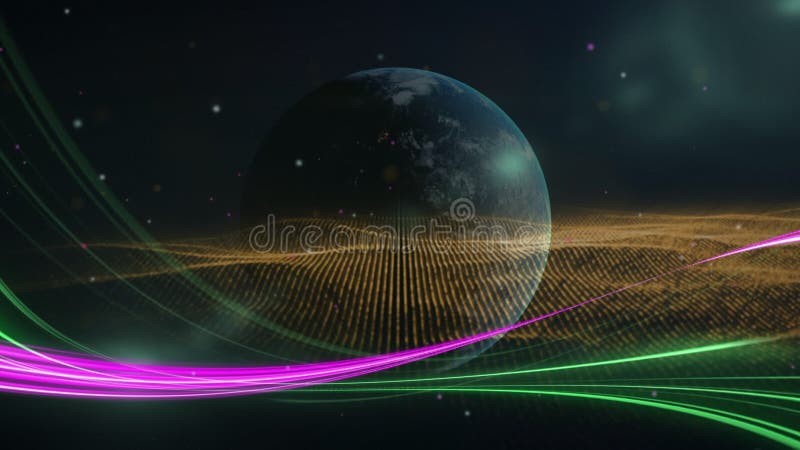 Animation of Globe Spinning with Light Trails and Glowing Yellow Mesh ...