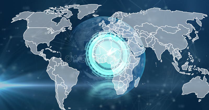 Animation of Globe, World Map, Clock and Connections Over Navy ...