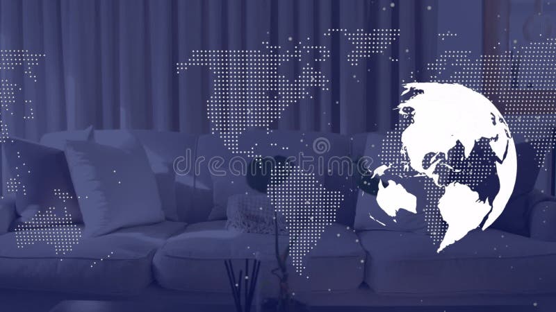 Animation of Globe, World Map and Data Processing Over Living Room ...