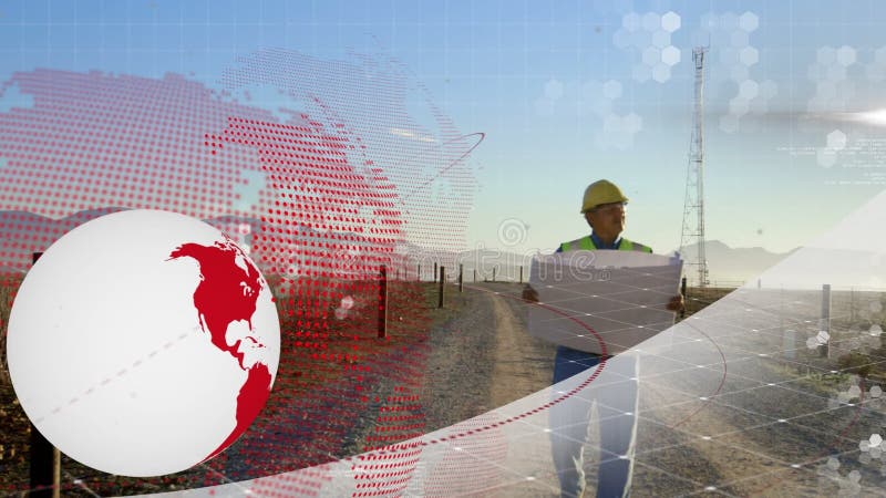 Animation of Globe and World Map Over Engineer and Wind Turbine Stock ...
