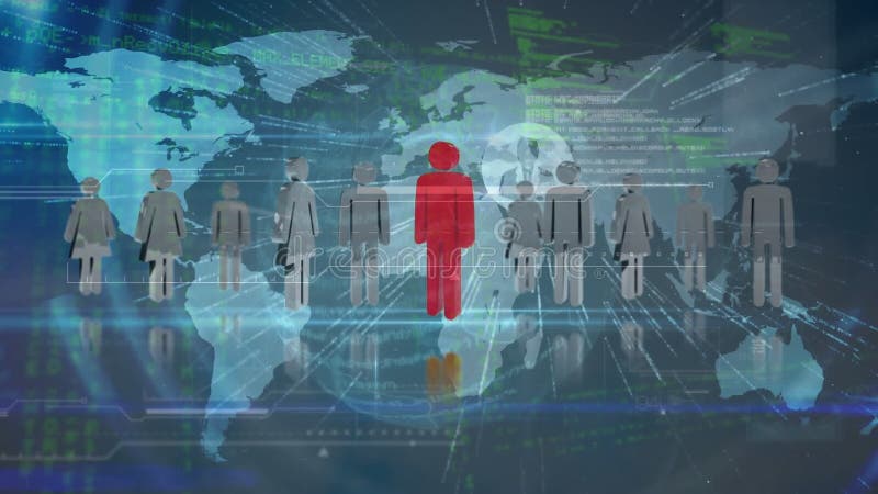 Animation of Globe, World Map with People Icons and Data Processing ...