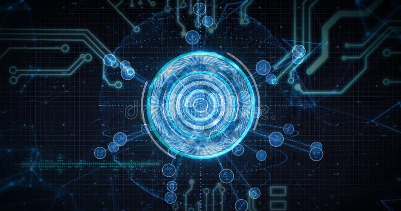 Animation of Glowing Blue Circular Patterns and Data Connections in ...