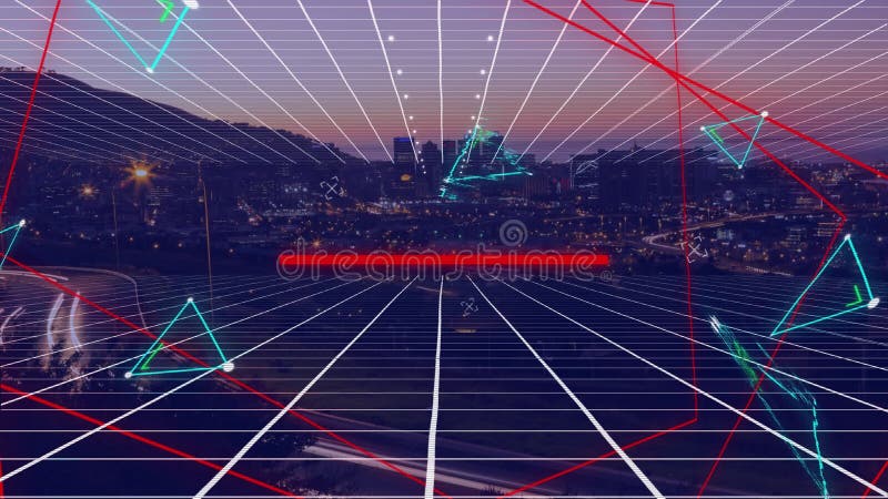 Blue Triangles and Red Lines on Cityscape Stock Video - Video of grid ...