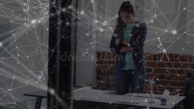 Animation of Glowing Communication Network Over Creative Businesswoman ...