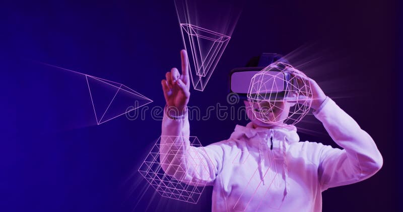 Animation of Glowing 3d Shapes of Data Transfer Over Asian Woman in Vr ...