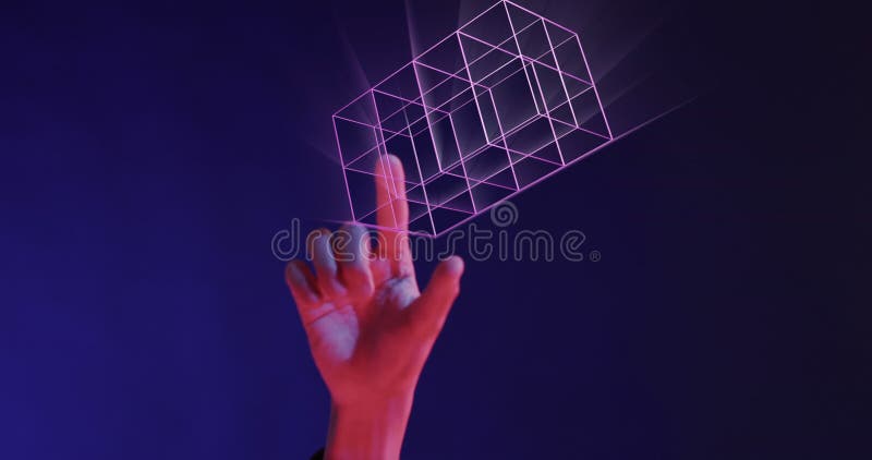 Animation of Glowing 3d Shapes of Data Transfer Over Hand of Asian Man ...