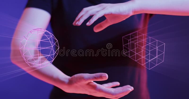 Animation of Glowing 3d Shapes of Data Transfer Over Hands of Asian Man ...