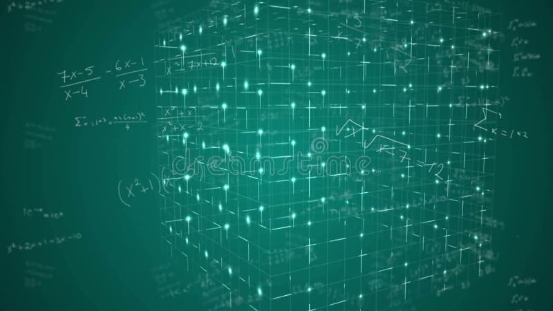 Animation of Glowing Digital Cube with Mathematical Equations on Green ...