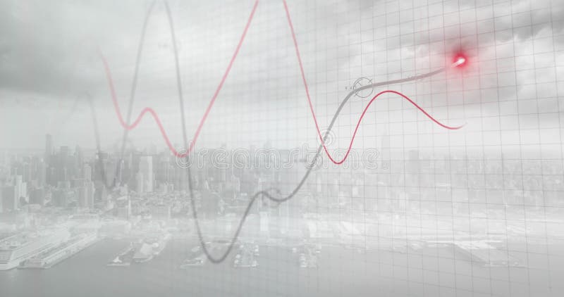 Animation of Glowing Graph Processing Data Over Cityscape and Cloudy Grey Sky Stock Video ...