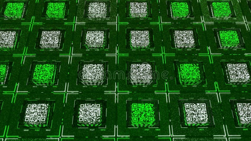 Animation of Glowing Green and White QR Codes Processing on Bright ...