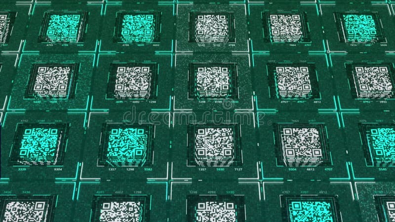 Animation of Glowing Green and White QR Codes Processing on Turquoise ...