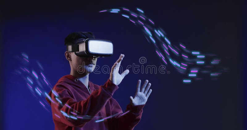 Animation of Glowing Light Trails of Data Transfer Over Asian Man Using ...
