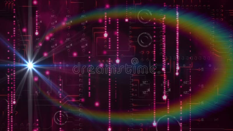 Animation of Glowing Pink Lights Falling Over Processing Data on Dark ...