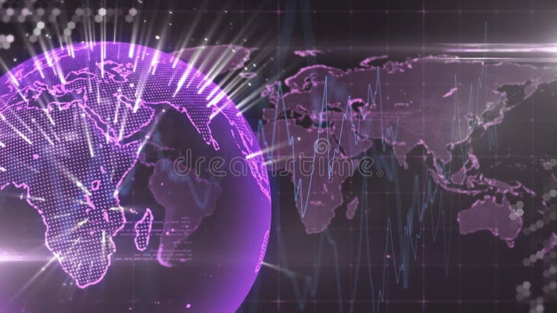 Animation of Glowing Purple Globe with Digital Data Lines Over World ...