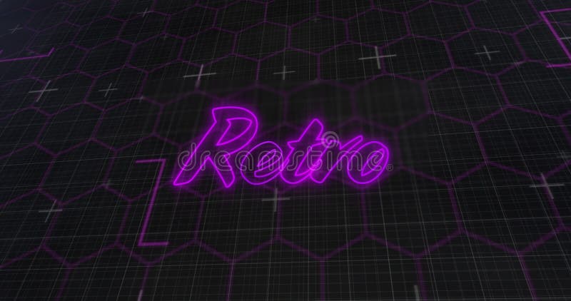 Animation of Glowing Purple Retro Neon Flickering Text Over Hexagons ...