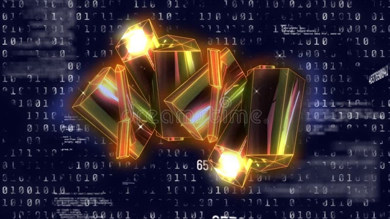 Animation of Glowing Yellow Blocks Rotating Over Binary Code on Navy ...