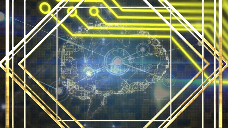 Animation of Gold Frame, Integrated Circuit and Brain on Black ...