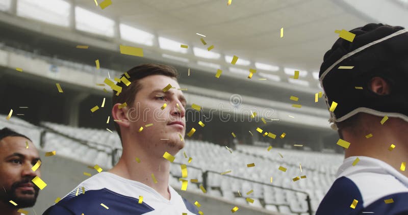 Animation of Golden Confetti Falling Over a Multi-ethnic Team Standing ...