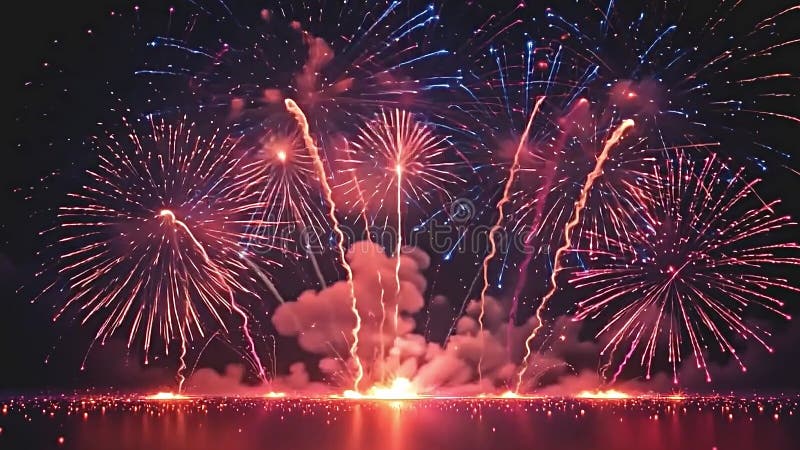 Animation of a Grand Finale of Neon Bright Firework Sparks Bursting in ...