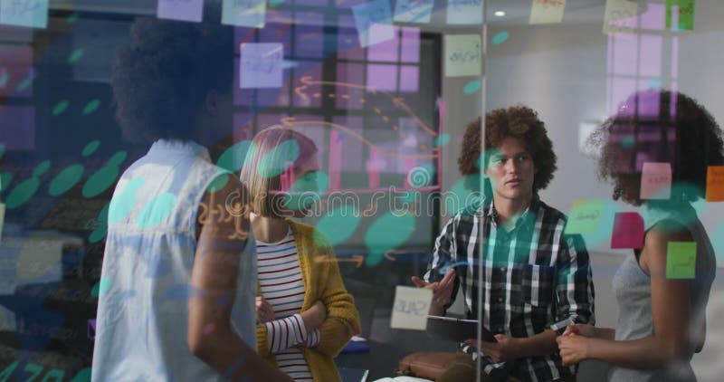 Animation of Graph, Changing Numbers and Map Over Diverse Coworkers Sharing Ideas in Office ...