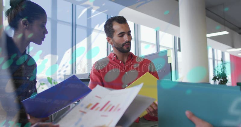 Animation of Graph, Changing Numbers, Map Over Diverse Coworkers Sharing Ideas in Office Stock ...