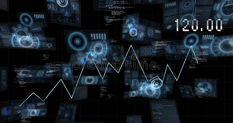 Animation of Graph with Changing Numbers Over Circles, Graphs, Globe Against Computer Language ...